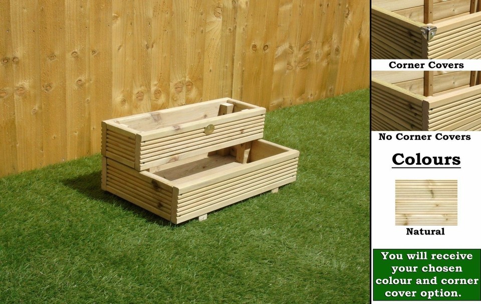 Two Tiered Garden Level Steps Wooden Timber Decking Planter Trough ...