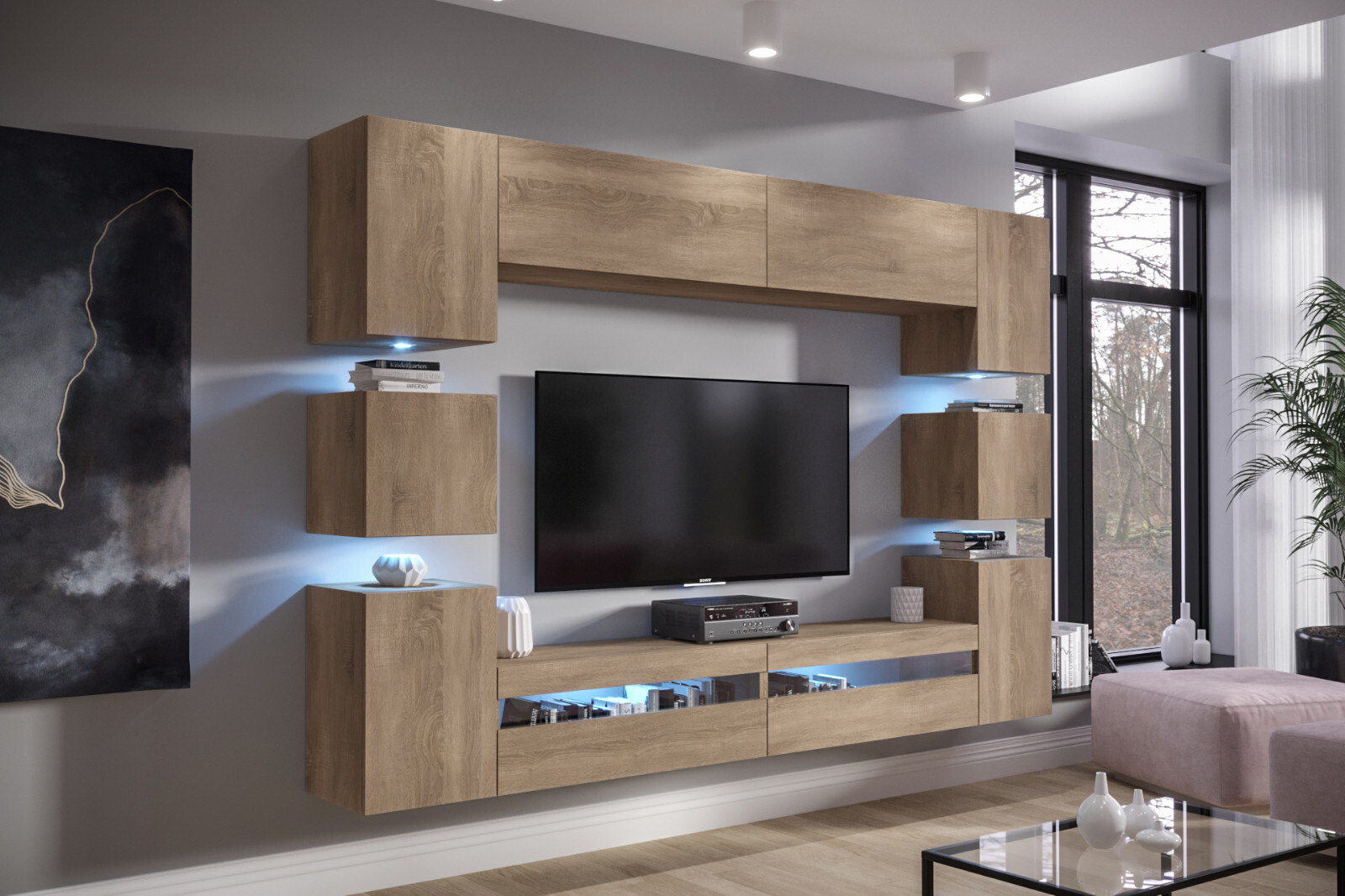 Modern White Gloss LED Living Room Furniture Set – Media Wall Cabinet ...