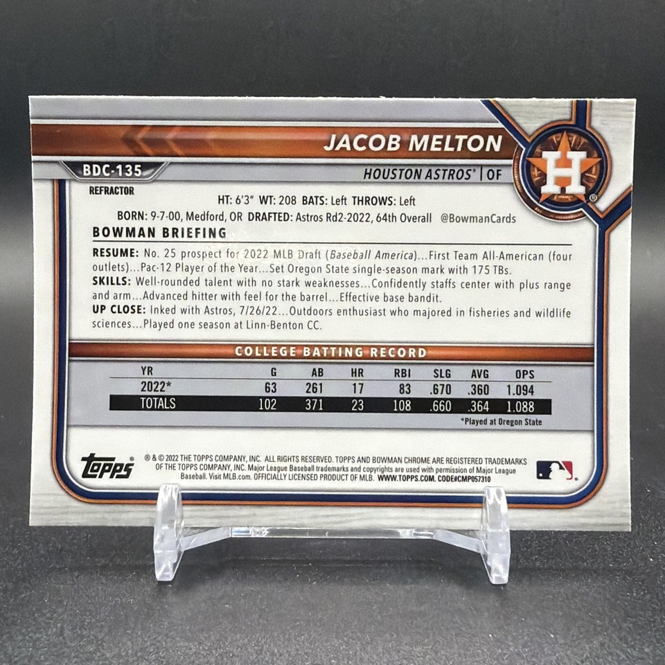 Jacob Melton 2022 Bowman 1st Draft Chrome Refractor Houston Astros BDC ...