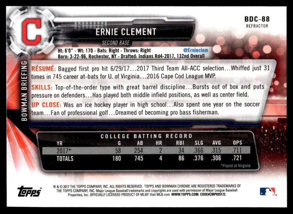 2017 Bowman Draft Chrome Refractor Ernie Clement G23 Cleveland Indians ...