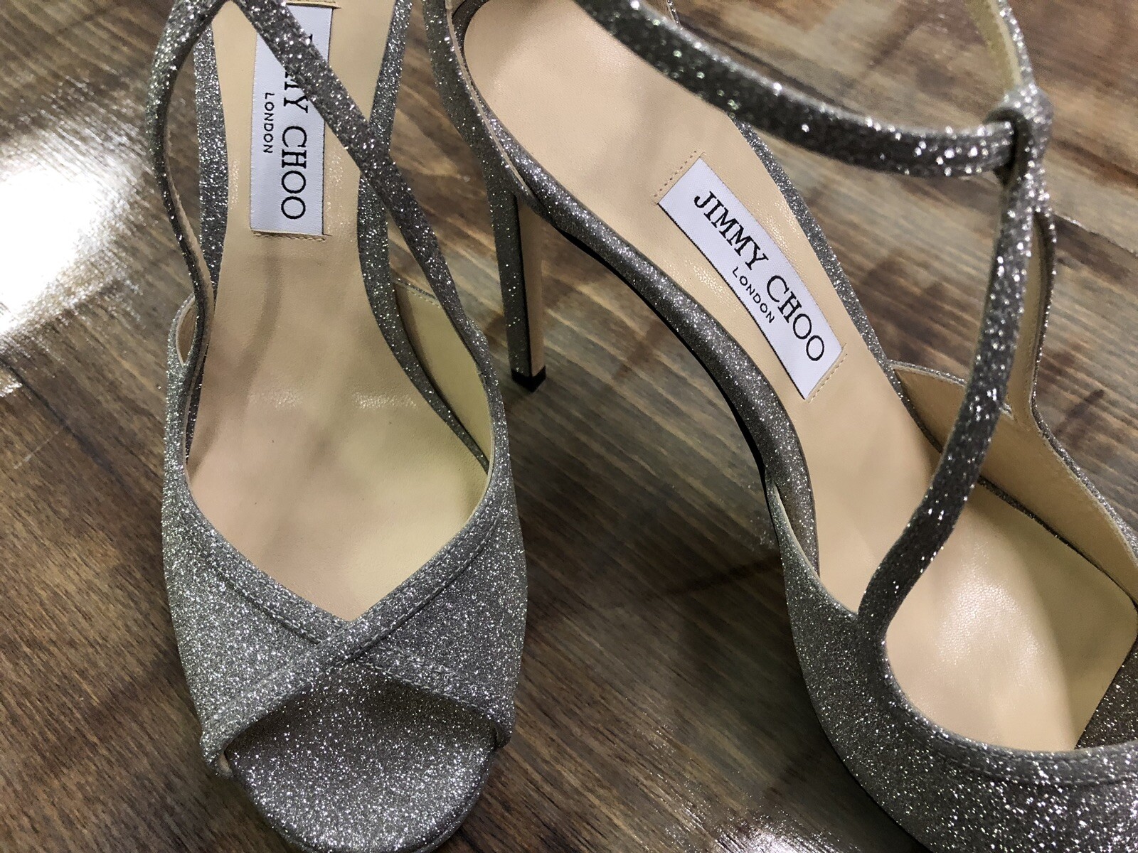 Jimmy Choo Silver Glitter Sparkle Peep Toe Heels Dres… - Gem