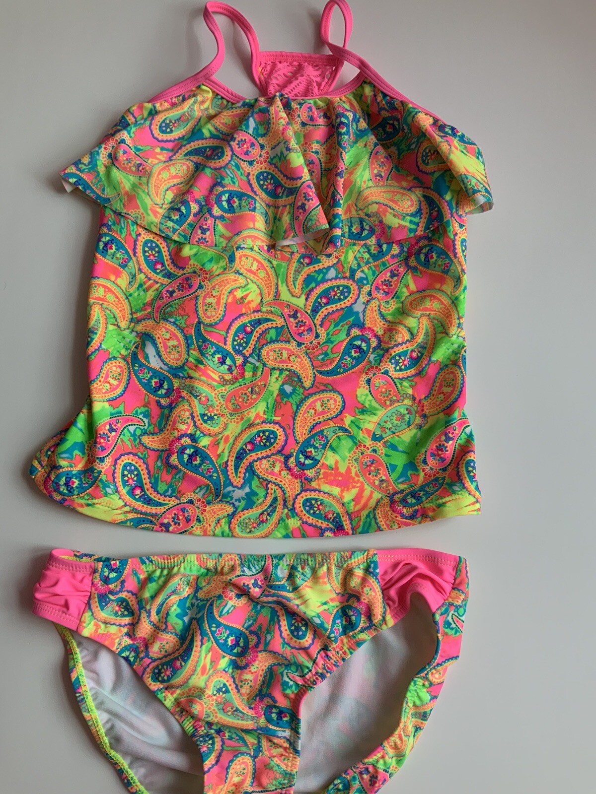 Breaking Waves Neon Pink Yellow Green Paisley Tankini Swim 16 NWOT | eBay