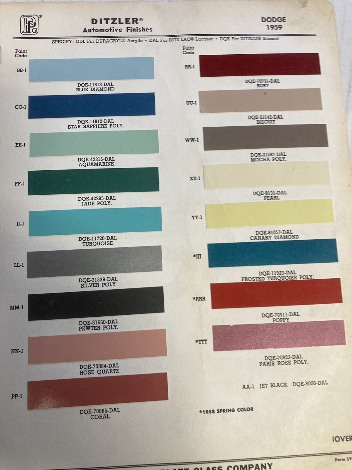 1959 DODGE AUTOMOTIVE P.P.G., DITZLER Exterior Paint Color Chip ...