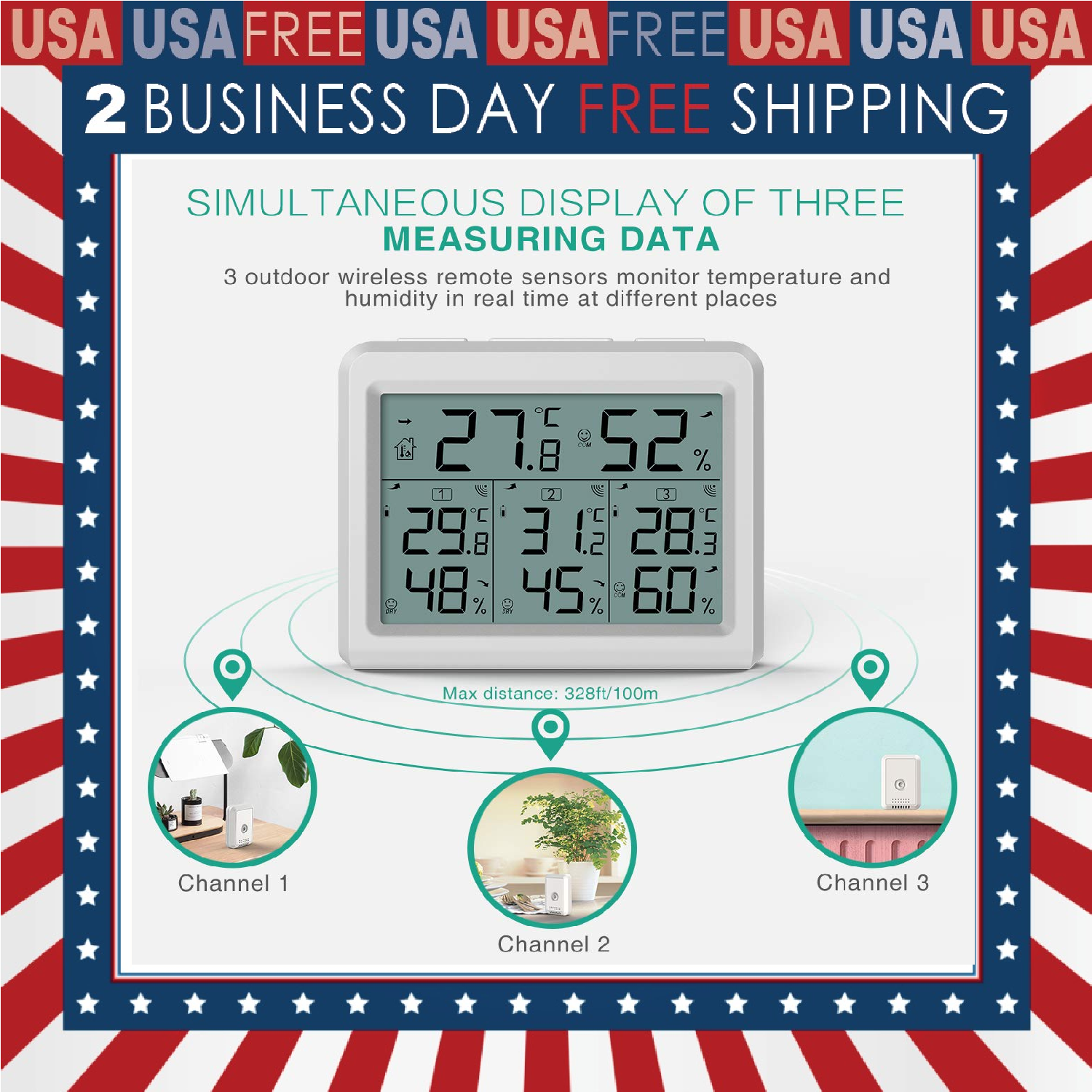 Digital Hygrometer Thermometer with 3 Wireless Sensors Indoor ...