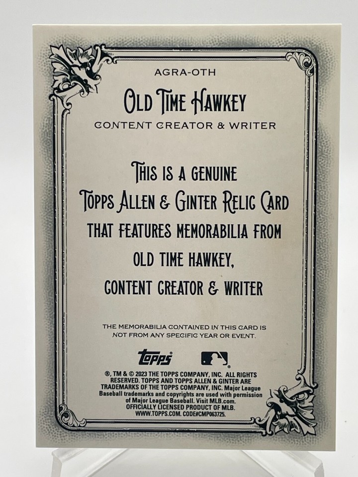 Old Time Hawkey 2023 Topps Allen & Ginter Memorabilia Relic #AGRA-OTH ...
