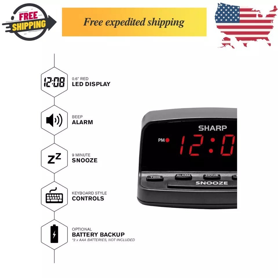 Digital Alarm Clock, SHARP, Midnight Black, Easy Controls, Red LED ...