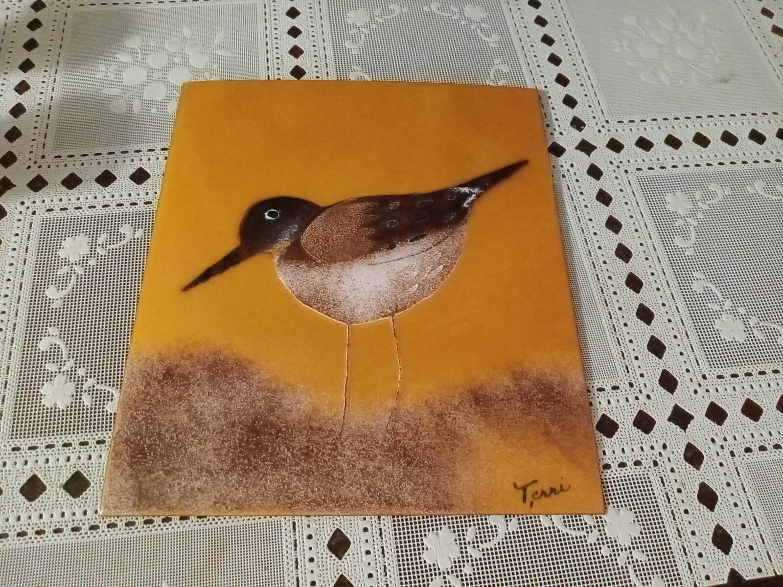Vintage Terri Ouellette Enamel On Copper Panel Sandpiper Bird Art ...
