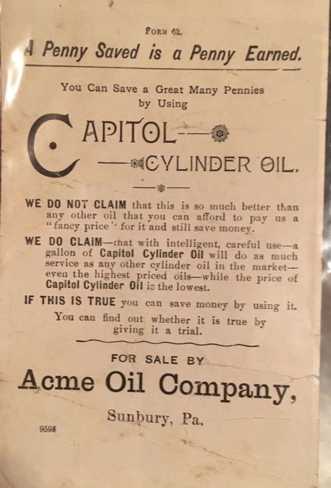 Old Advertising Piece! Acme Oil Company Sunbury, PA Use Capitol ...