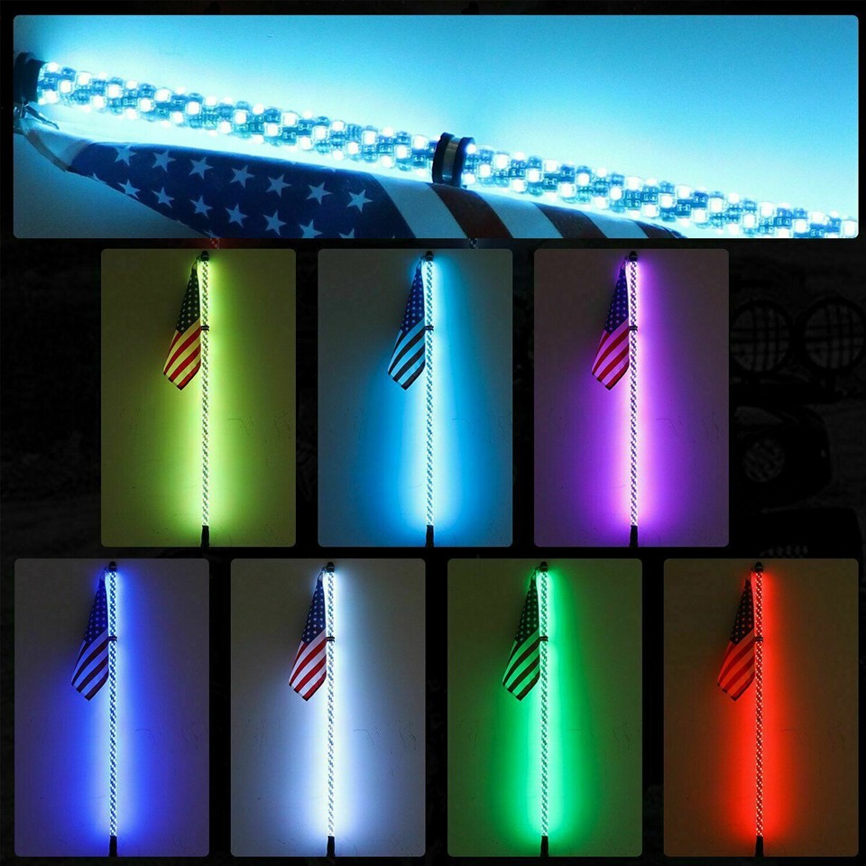 2pcs 5ft RGB Spiral LED Whip Lights Antenna Flag Pole for ATV UTV SXS ...