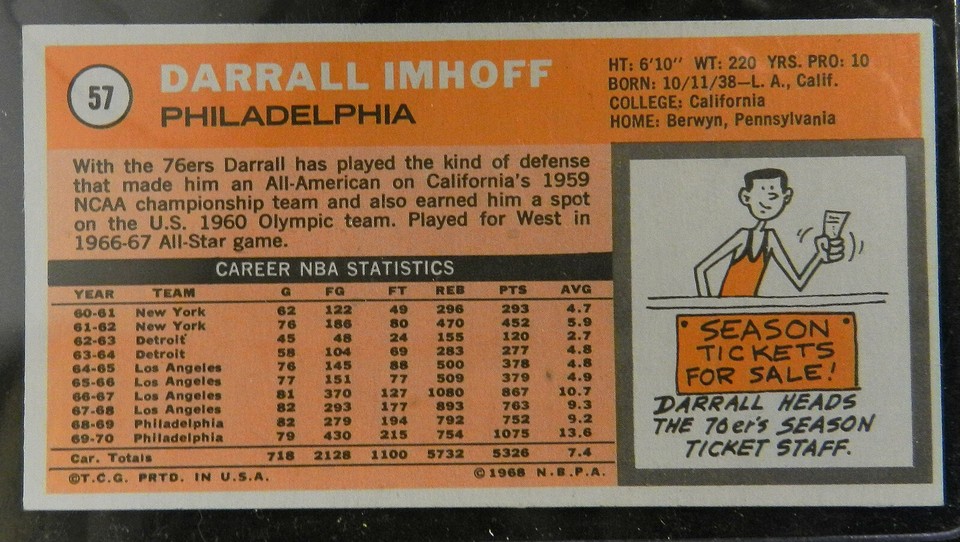 1970 TOPPS #57 DARRALL IMHOFF BASKETBALL CARD NRMINT | eBay