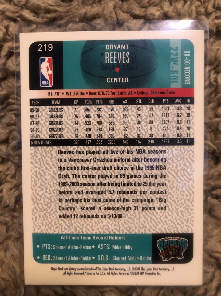 2000-01 Upper Deck Victory Grizzlies Basketball Card #219 Bryant Reeves ...