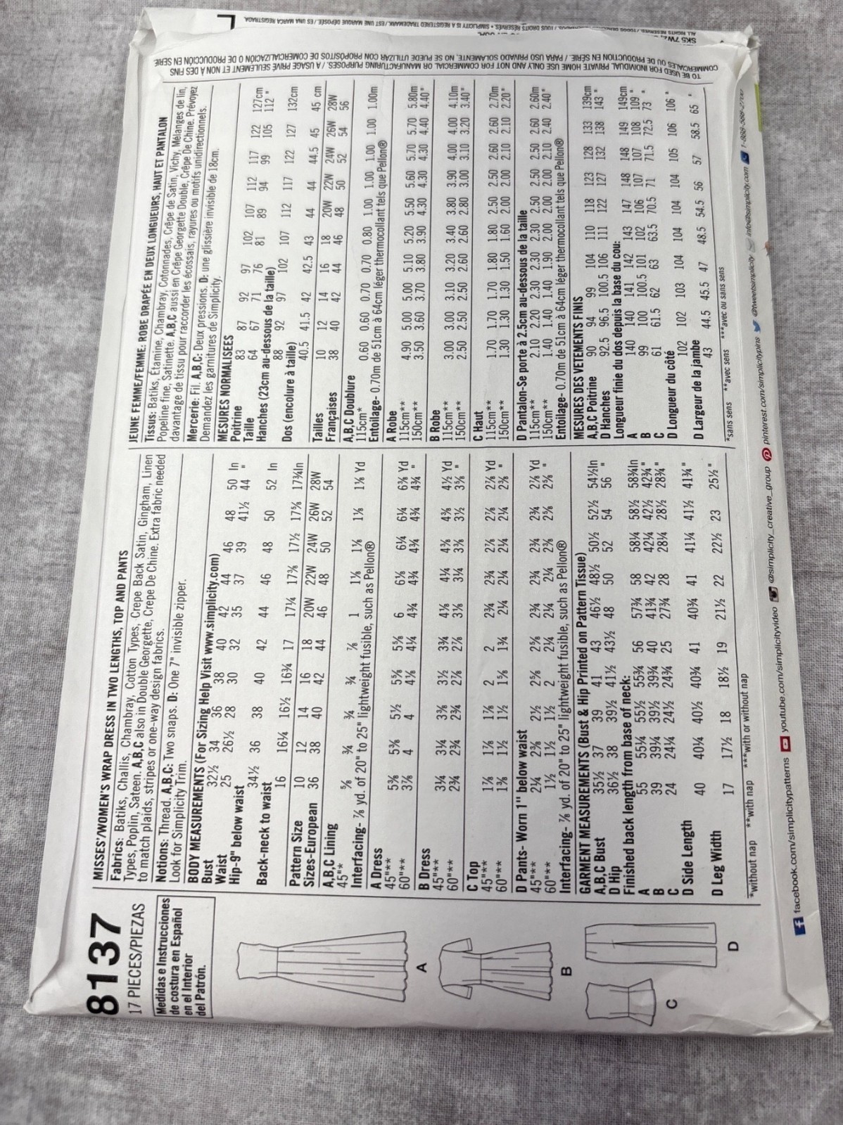 Simplicity Sewing Pattern 8137 AA Misses Wrap Dress 2 Lengths Top Pants ...