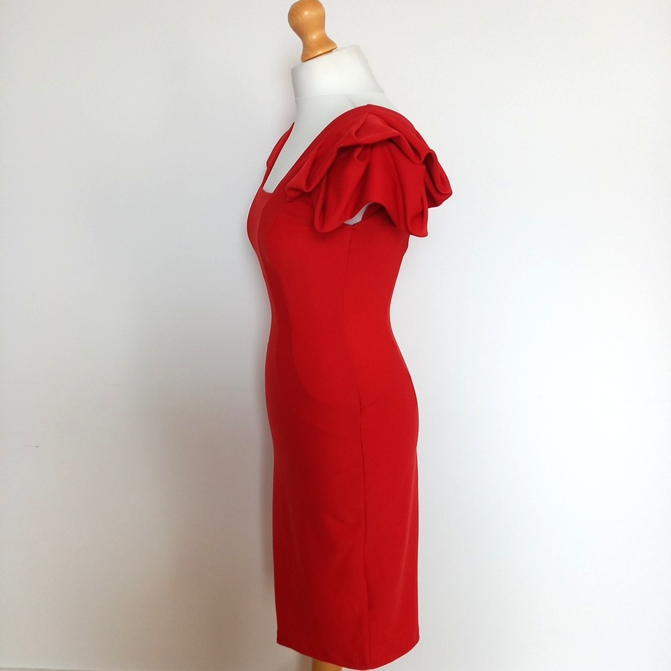 Diva Catwalk S UK 8 10 Red Fitted Pencil Wiggle Dress Pleated Short ...