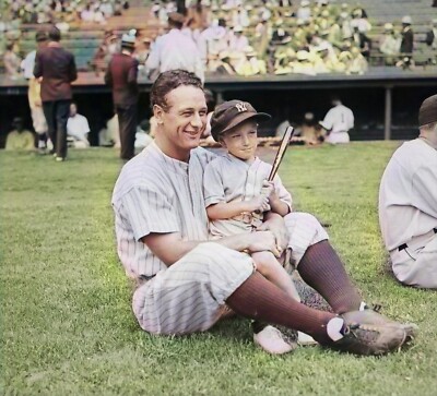 RARE COLOR NEW YORK YANKEES LOU GEHRIG AT YANKEE STADIUM. WITH A YOUNG ...