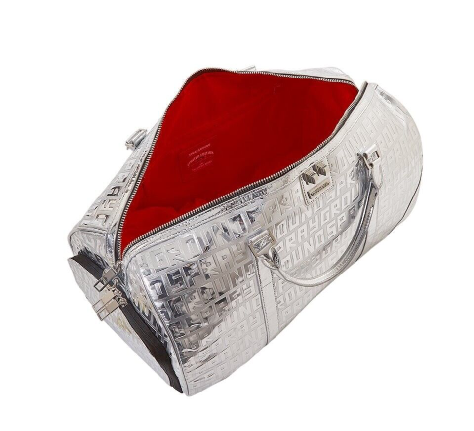 Sprayground Metallic Infinity Duffle Sharks Monogram Silver Gym Bag ...