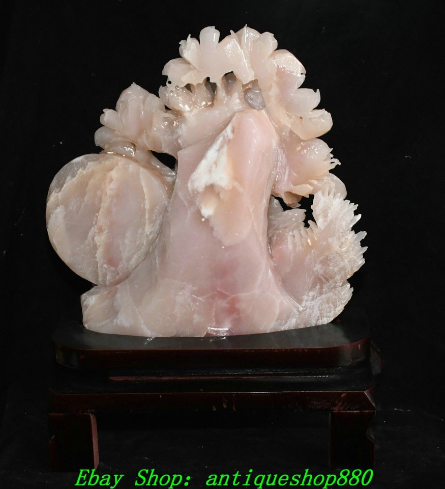 13.8''Old China Natural Pink Xiu Jade Carved Fengshui Wealth Peony ...