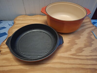 Staub Basix | Rare 4.5 Quart Cast Iron Dutch Oven Grill Pan Lid Orange ...