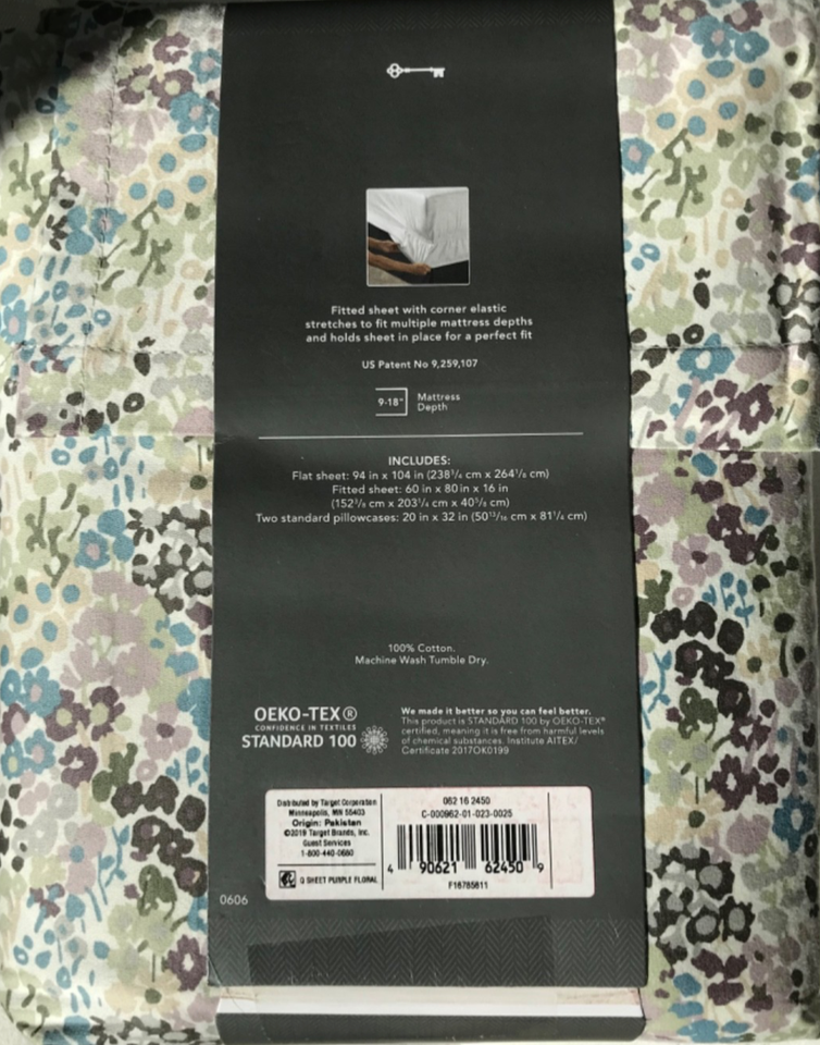 Threshold Queen Size Performance Sheet Set 100% Cotton Purple Floral ...