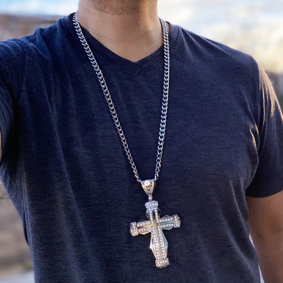 Men Huge Double Cross Pendant Jesus Necklace Silver Tone Hip Hop Cuban ...