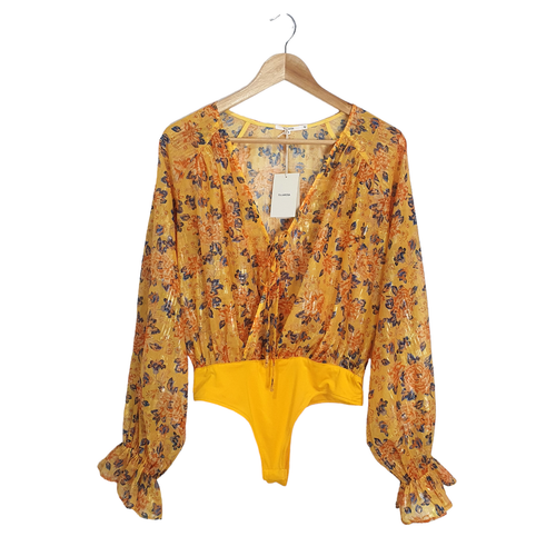 Tularosa Size S Yellow Metallic Floral Long Sleeve Cross Over Adine ...