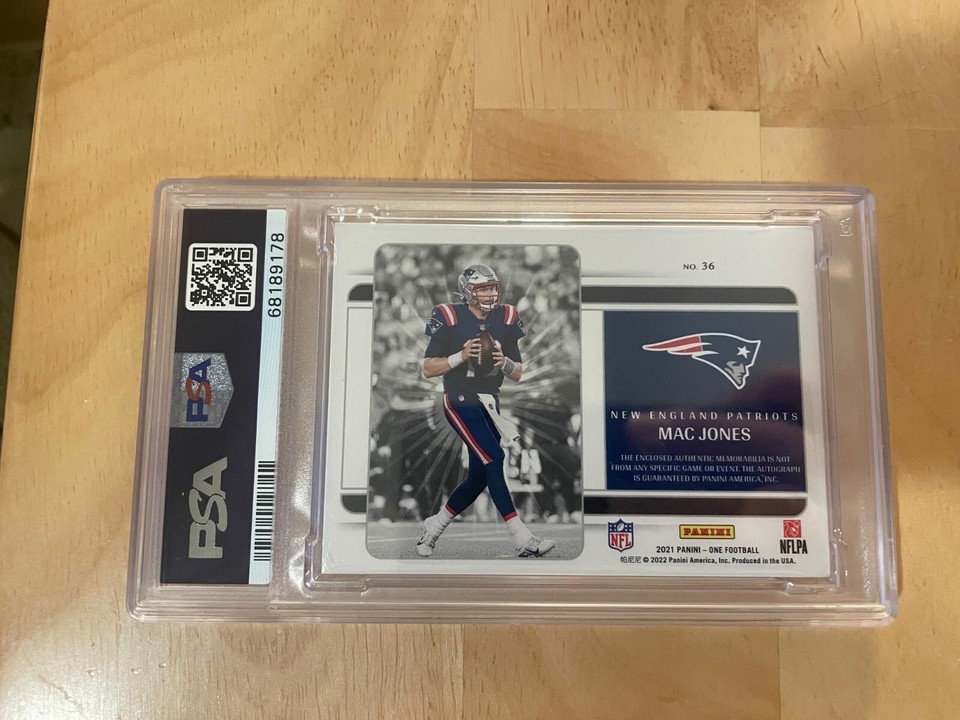 2021 Panini One Mac Jones Rookie Dual Patch Autograph card numbered 04/ ...