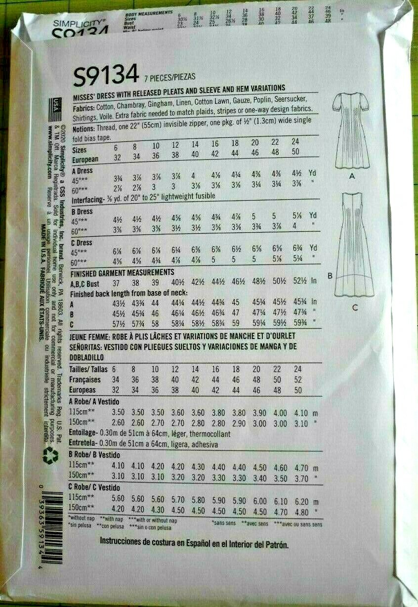 Simplicity Pattern S9134 Misses Sleeveless Dress Sizes 16-24 Uncut for ...