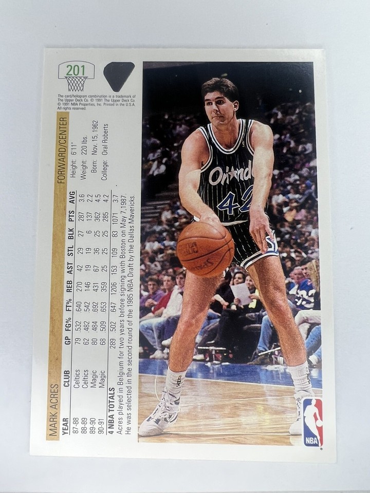 1991-92 Upper Deck Basketball Card Mark Acres Orlando Magic #201 | eBay