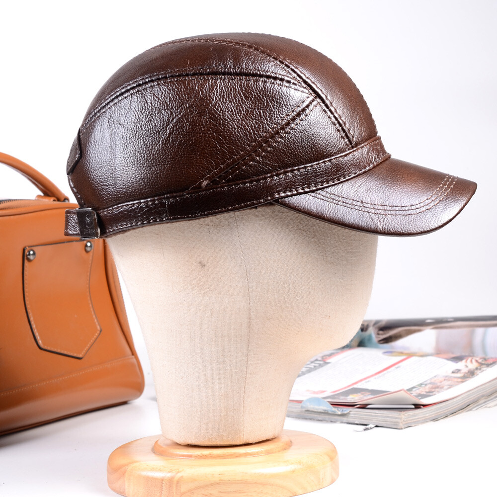 Men's Real Leather Winter Warm Ear Flap Cowhide Baseball Cap Army Golf ...