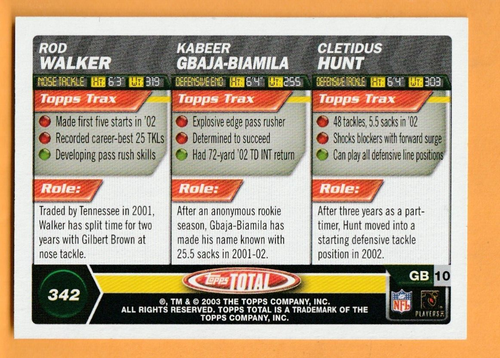 2003 Topps Total - Kabeer Gbaja-Biamila, Cletidus Hunt, Rod Walker #342 ...