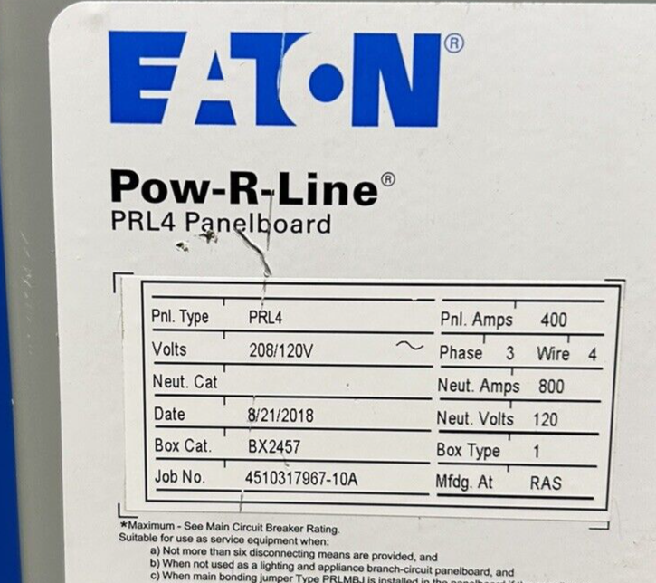 Eaton 400 Amp 208v Panelboard Pow-R-Line PRL4 3PH 4W BX2457 🟦 | eBay