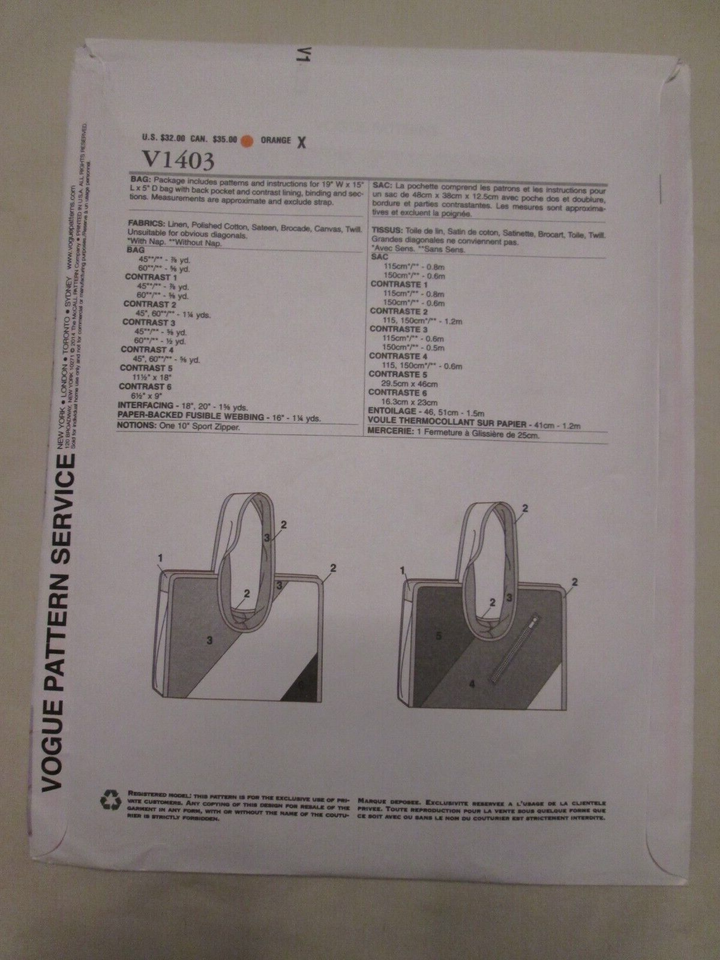 Vogue 1403 Koos Van Den Akker American Designer Bags Pattern Uncut FF ...