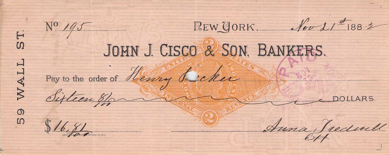 59 WALL STREET JOHN CISCO NEW YORK BANKER CHECK DRAFT RECEIPT REVENUE ...