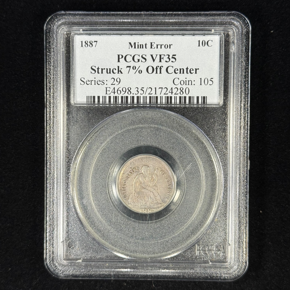 1887 10C VF35 PCGS Toned Seated Dime - 7% Off-Center Mint Error ...