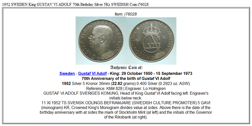 1952 SWEDEN King GUSTAV VI ADOLF 70th Birthday Silver 5Kr SWEDISH Coin ...