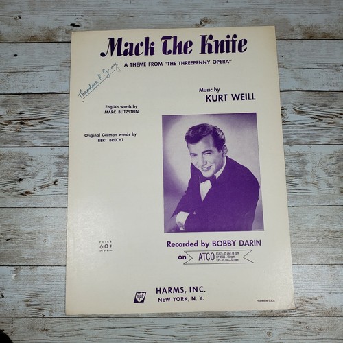 Sheet Music Mack the Knife Threepenny Opera Bobby Darin Kurt Weil 1955 ...