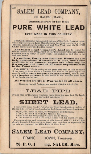 Salem Lead Company PURE WHITE LEAD Sheet Lead Lead Pipe 1880 Boston ...