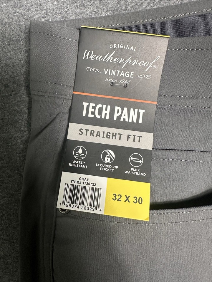 NWT Weatherproof Vintage Mens Gray Tech Pant Straight Fit Water ...