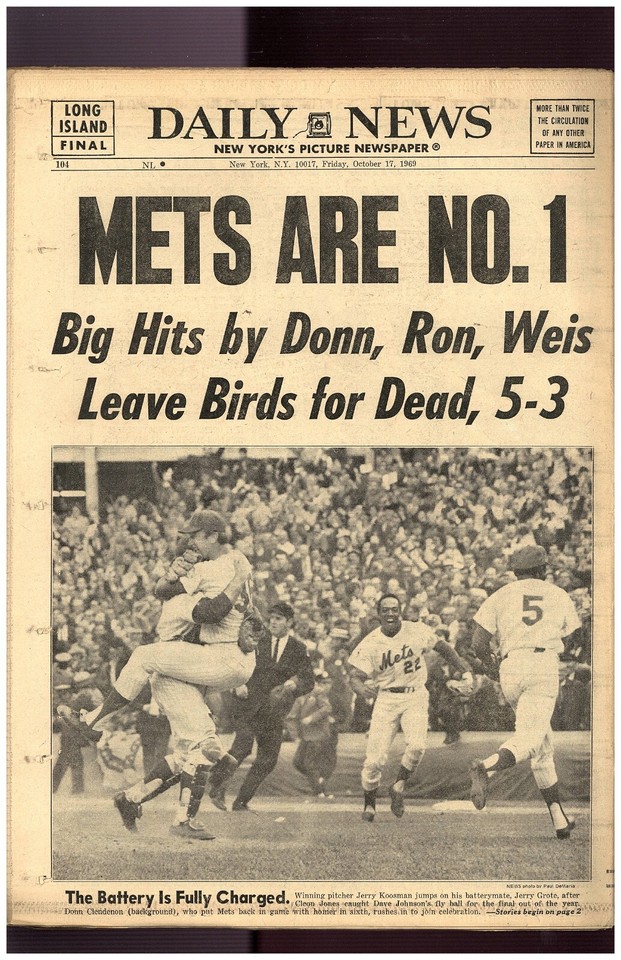1969 Daily News NY Mets World Champs Newspaper October 17 EXCEPTIONAL ...