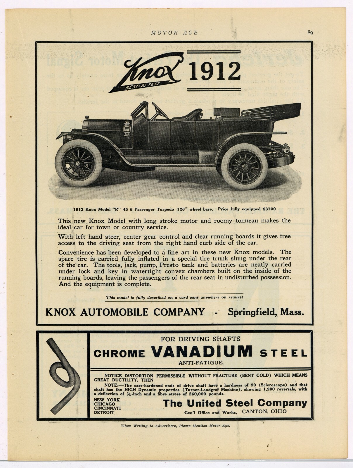 1912 Knox Automobile Co. Ad: Model R 45 Torpedo Motor Car - Springfield ...