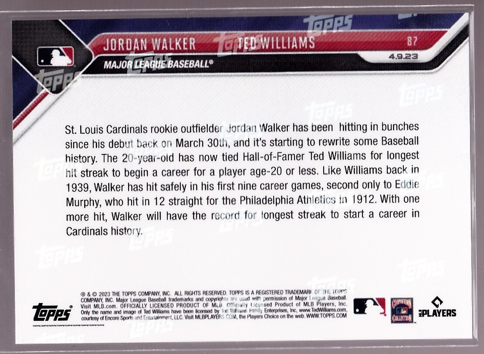 Jordan Walker Cardinals Ties Ted Williams Hit Streak 2023 Topps Now #87 ...