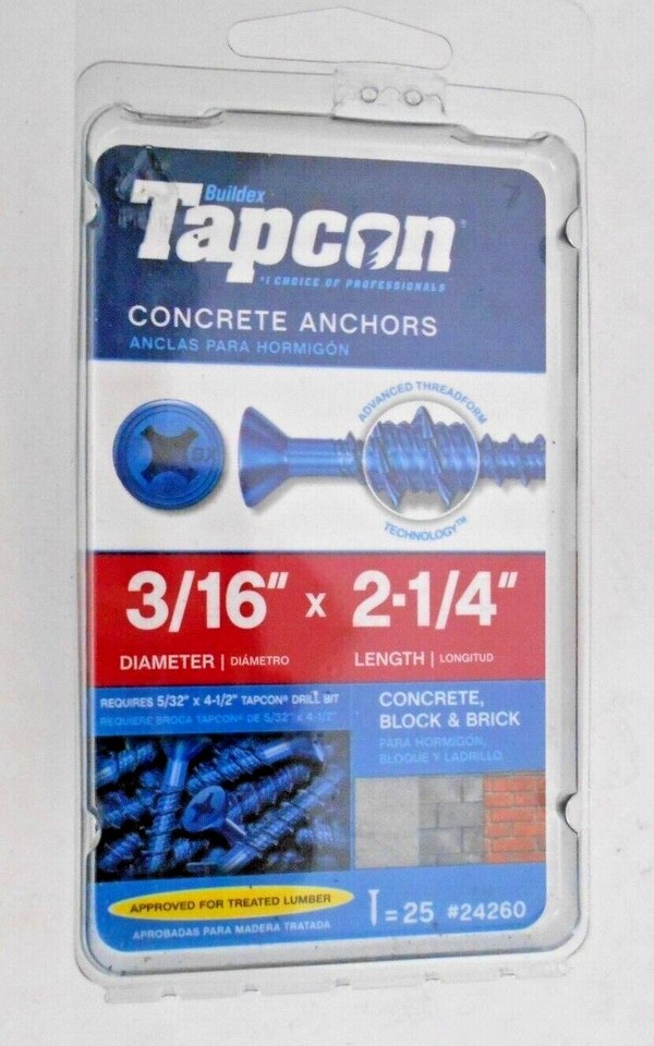 3/16" Flat Head Concrete Masonry Tapcon Anchor Screw (Choose Length) 25 ...