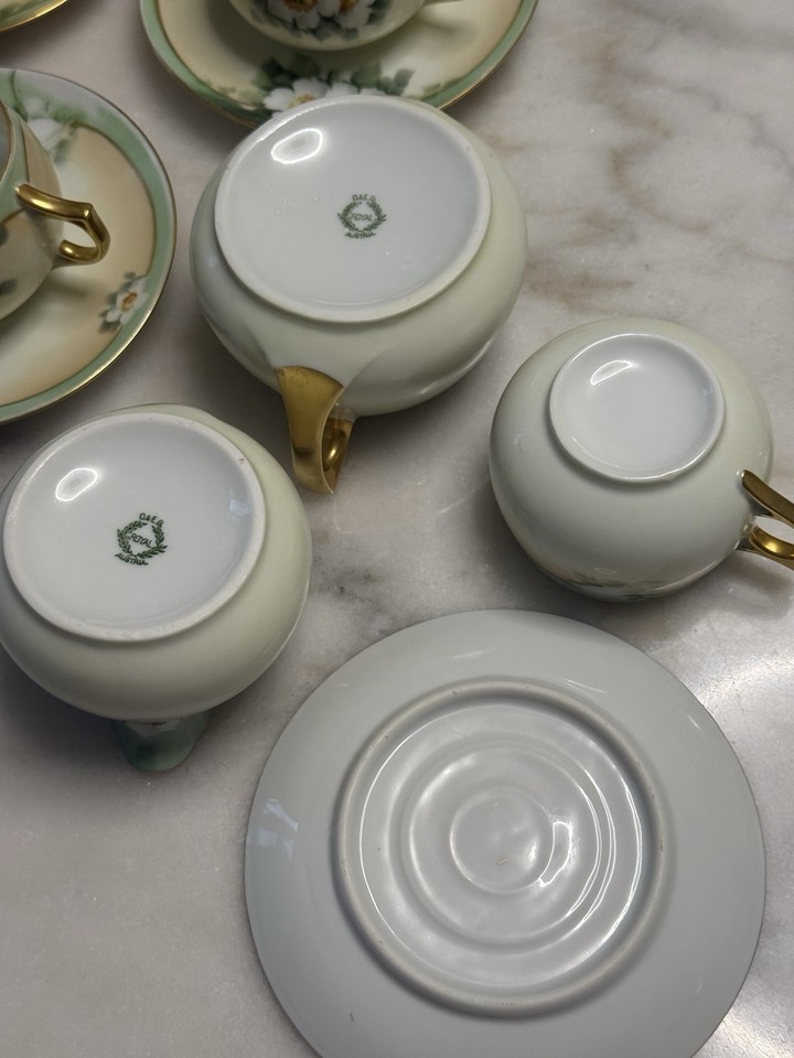 RARE Royal Austria Tea Set for 6 Hand Painted Pearlescent Cups Antique ...