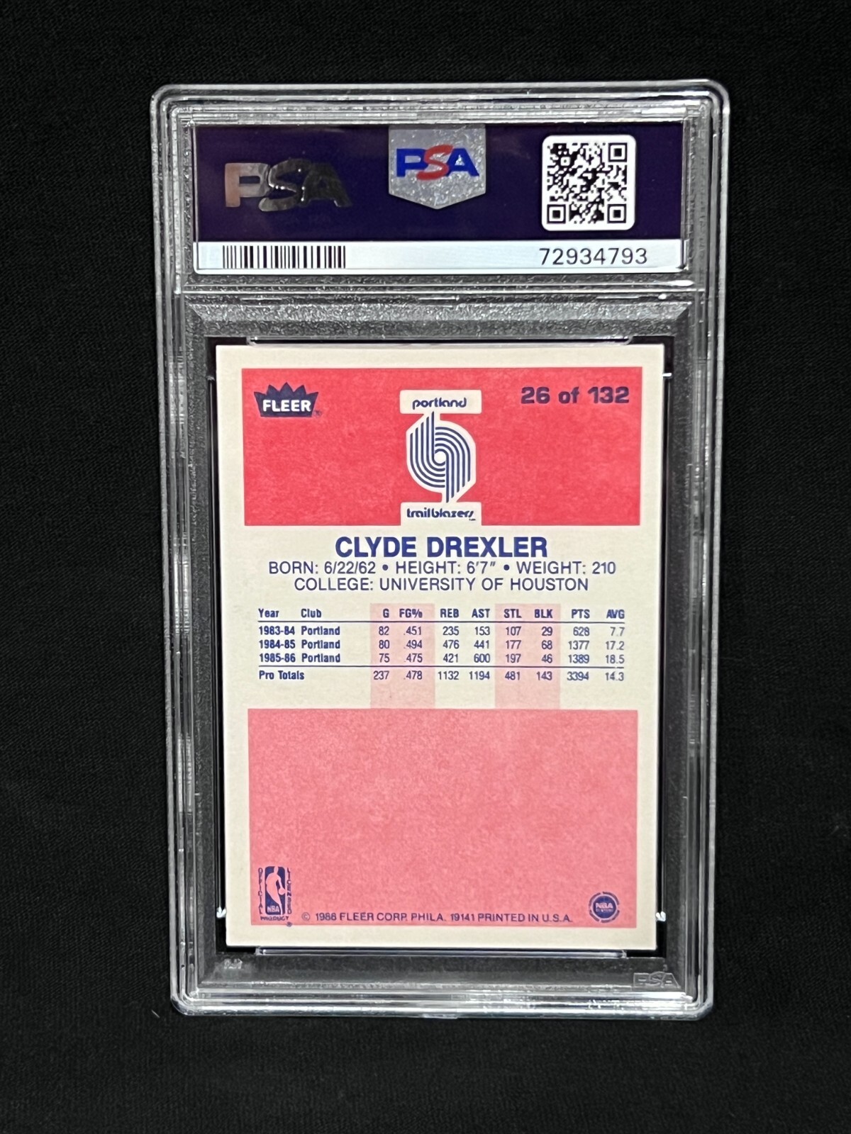 CLYDE DREXLER BLAZERS 1986 87 FLEER BASKETBALL ROOKIE CARD #26 GRADED ...