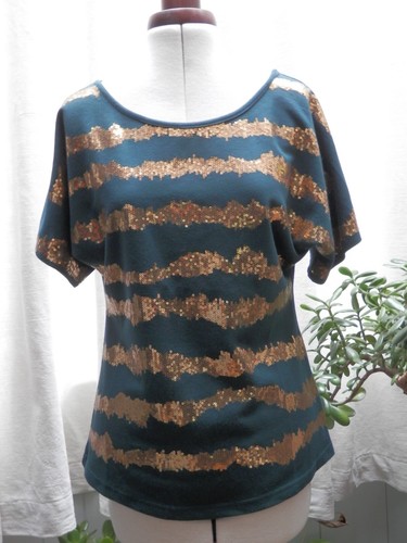 Poems Ladies Dark Green & Gold sequin stripe Top Size Small | eBay