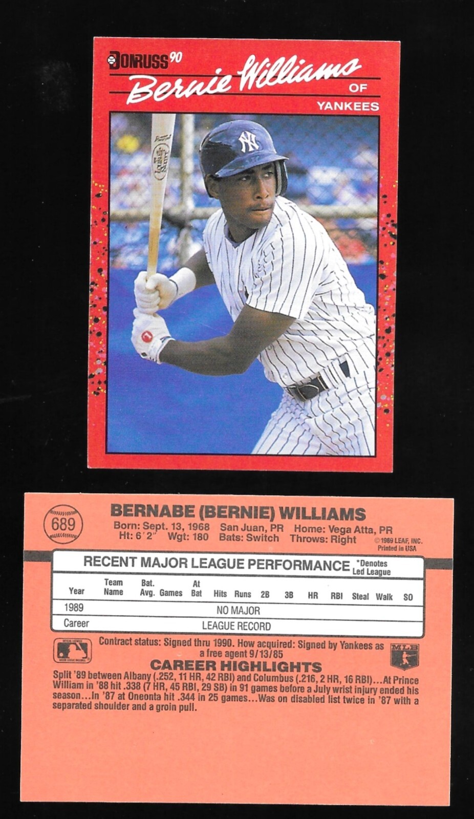 1990 Donruss New York Yankees Baseball Card #689 Bernie Williams Rookie ...