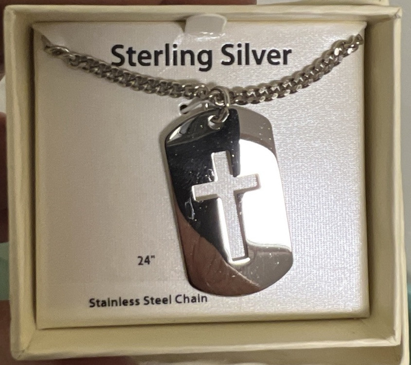 Sterling Silver Dog Tag Style Open Cross Pendant 24” Stainless Steel ...