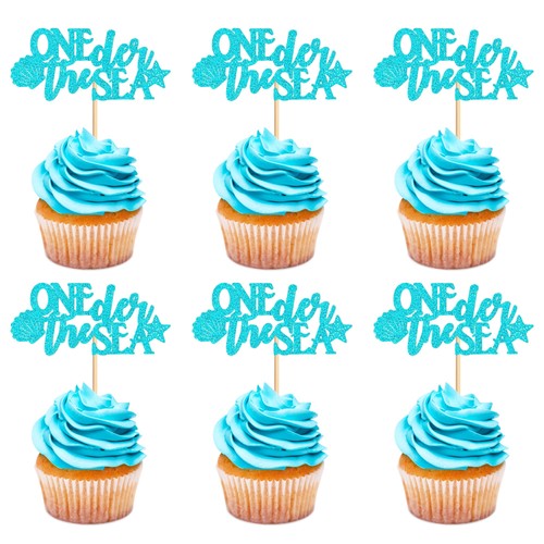 24Pcs Ocean Theme Cupcake Toppers Glitter Blue Onederful Cake ...
