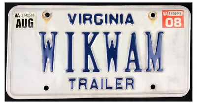 Virginia 2008 PERSONALIZED TRAILER License Plate WIKWAM! | eBay
