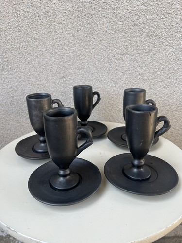 Vtg espresso Cup Sauce Set 5 Oaxaca Mexico Black Clay Lama Western ...