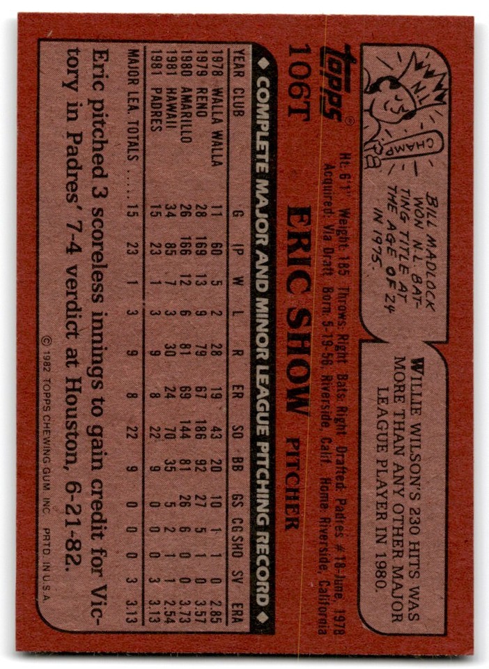 1982 Topps Traded Eric Show Baseball Cards #106T | eBay